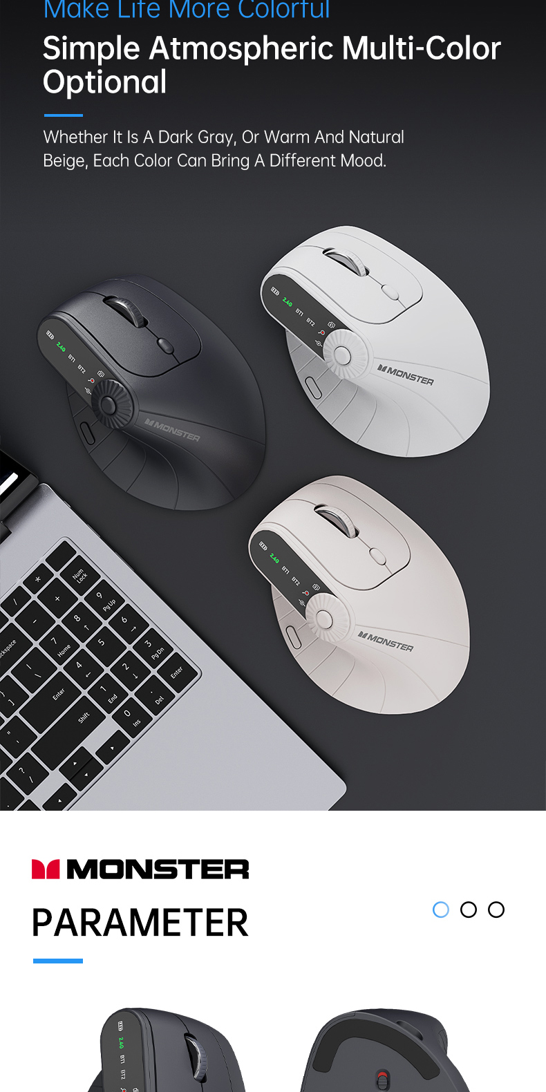 Monster M2Pro/M2MAX Chuột không dây Công thái học Chuột dọc 8 phím 800-2400 DPI LED 3 Chế Cho PC ...