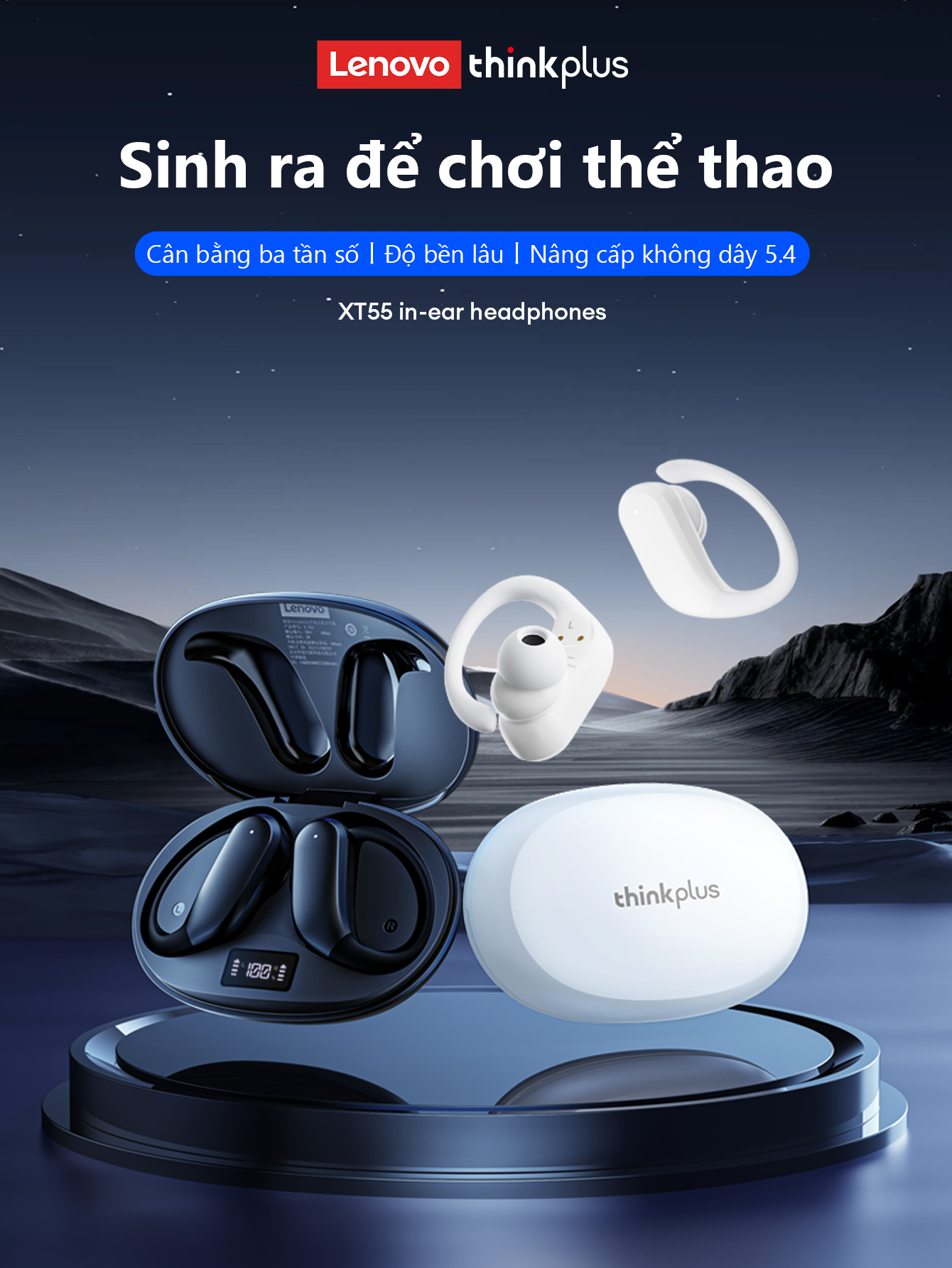 Tai nghe Bluetooth Lenovo XT55 Âm thanh nổi HiFi 45H Giờ chơi IPX5 Màn hình LED chống nước thể ...