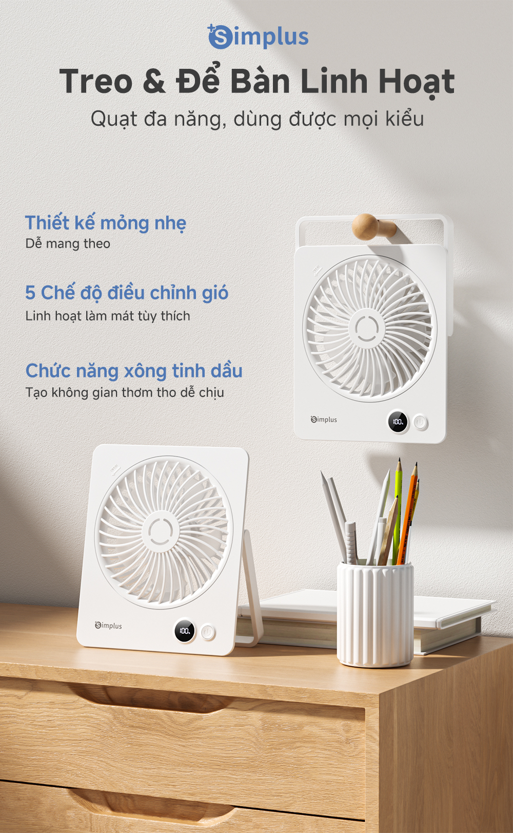 Simplus Quạt Mini Để Bàn Chân Đế Xoay 180° Sạc Type-C Xông Tinh Dầu 5 Chế Độ Gió Dùng Liên Tục 7 ...