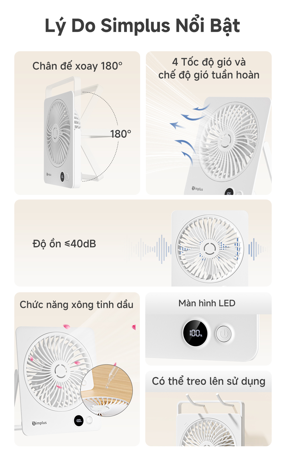 Simplus Quạt Mini Để Bàn Chân Đế Xoay 180° Sạc Type-C Xông Tinh Dầu 5 Chế Độ Gió Dùng Liên Tục 7 ...