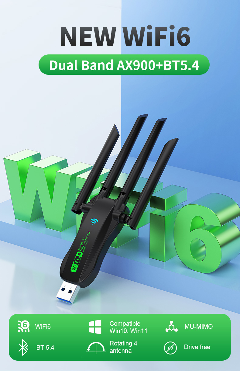 AX900 WiFi 6 Bộ chuyển đổi USB Bluetooth 5.4 Băng tần kép 2.4G 5G Ăng-ten WiFi6 Bộ thu mạng USB ...