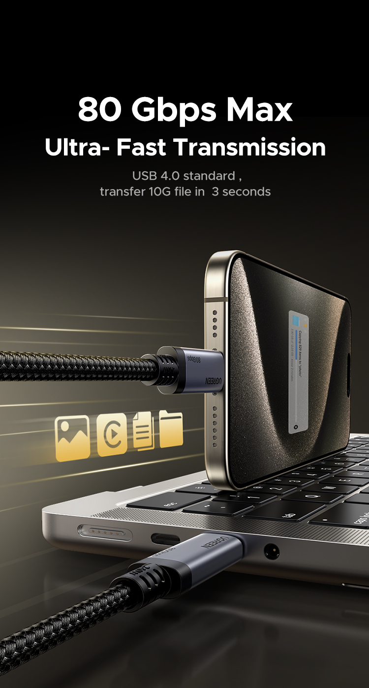 Cáp sạc nhanh UGREEN Gen4 USB C sang USB C PD 240W 80 Gbps Max 5A Curent 16K @ 60Hz Max Ốp lưng ...