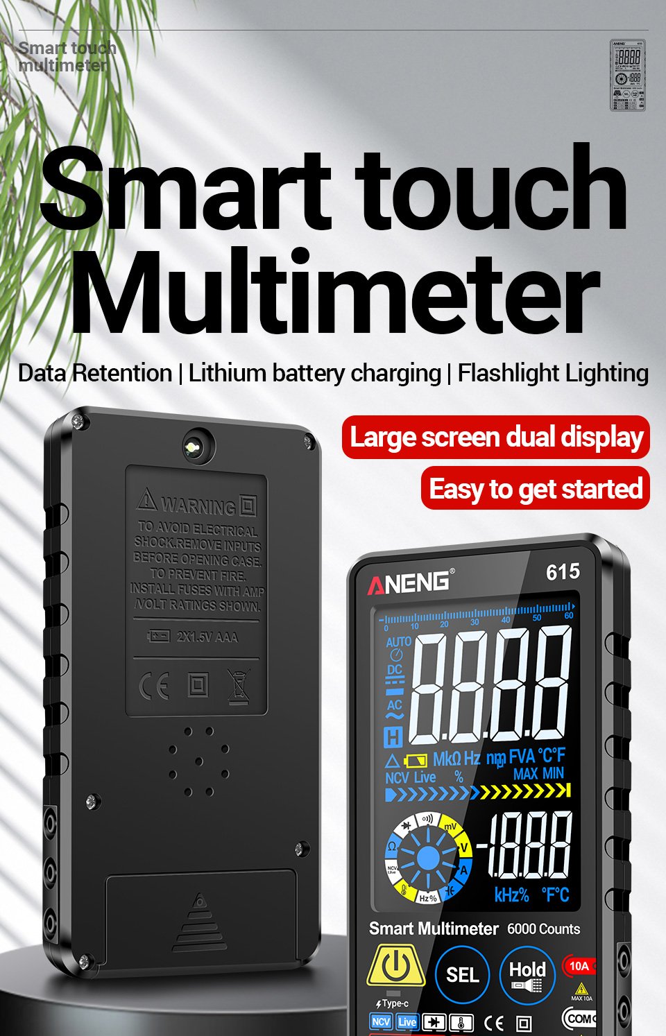Một chiếc ANENG 615 Smart Touch Multimeter, có khả năng đo dòng điện AC ...