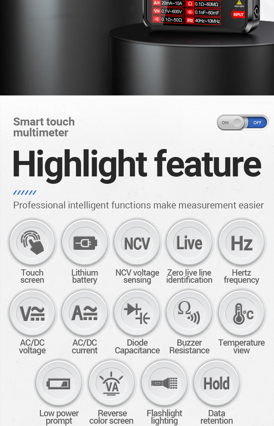 Một chiếc ANENG 615 Smart Touch Multimeter, có khả năng đo dòng điện AC ...