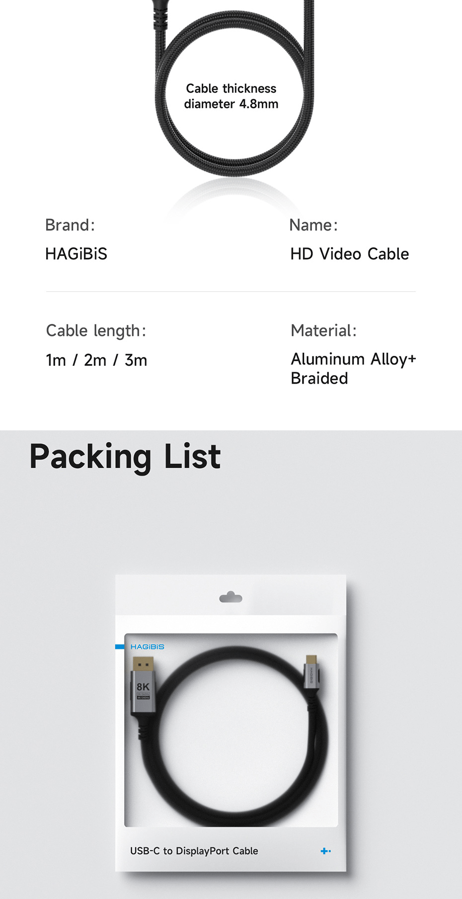 Cáp Hagibis 8K USB c sang DisplayPort 1.4 Cáp Type-c sang DP siêu mềm ...