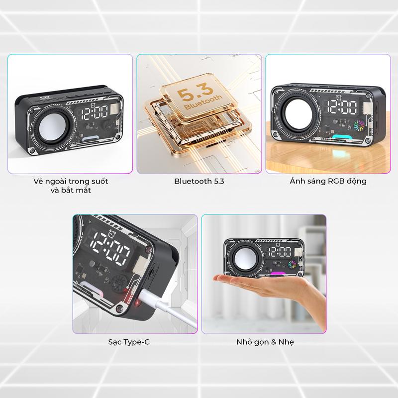 GOOJODOQ Loa Bluetooth không dây Thiết kế gió cơ khí Hiển thị thời gian ...