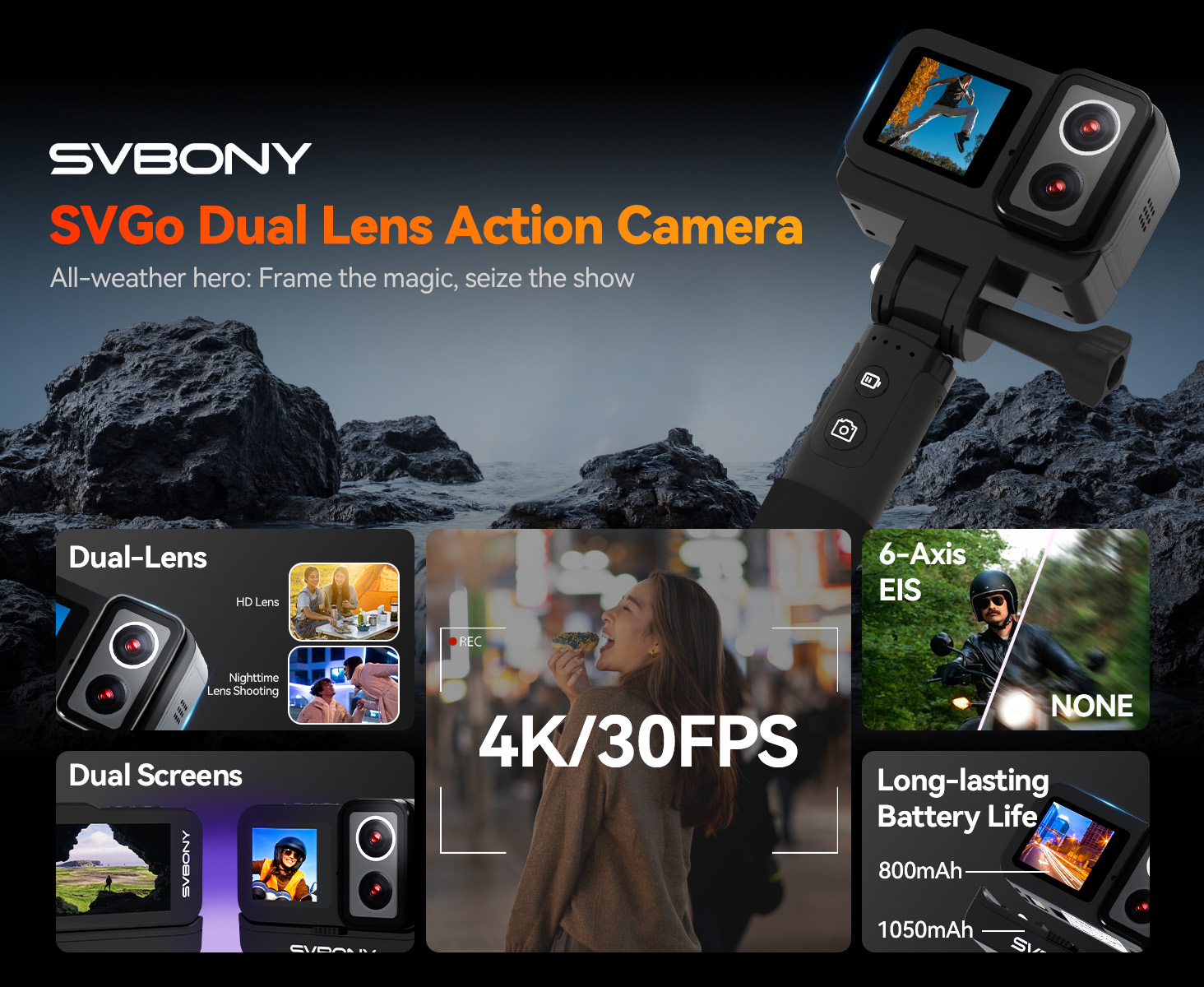 Svbony SVGo Camera hành động ống kính kép 4K30fps Tuổi thọ pin dài IPX8 ...