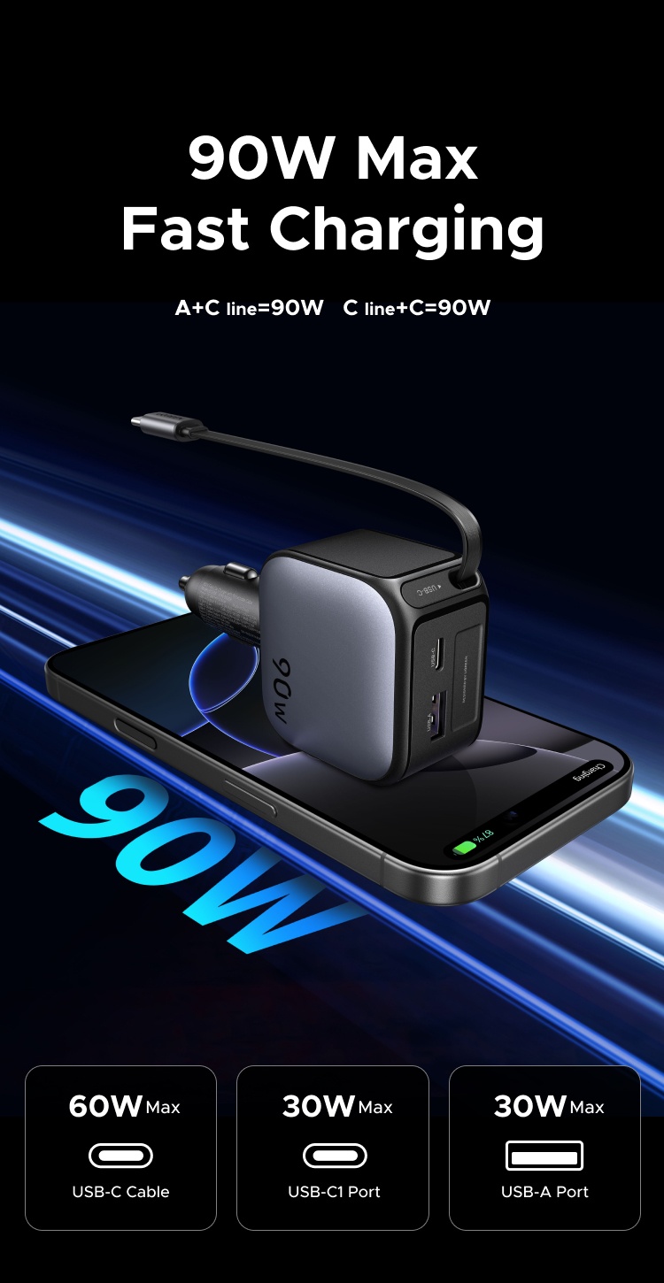 UGREEN 60W / 90W / 145W Sạc Xe Hơi PD60W Sạc Nhanh USB-C Cáp Có Thể Thu ...