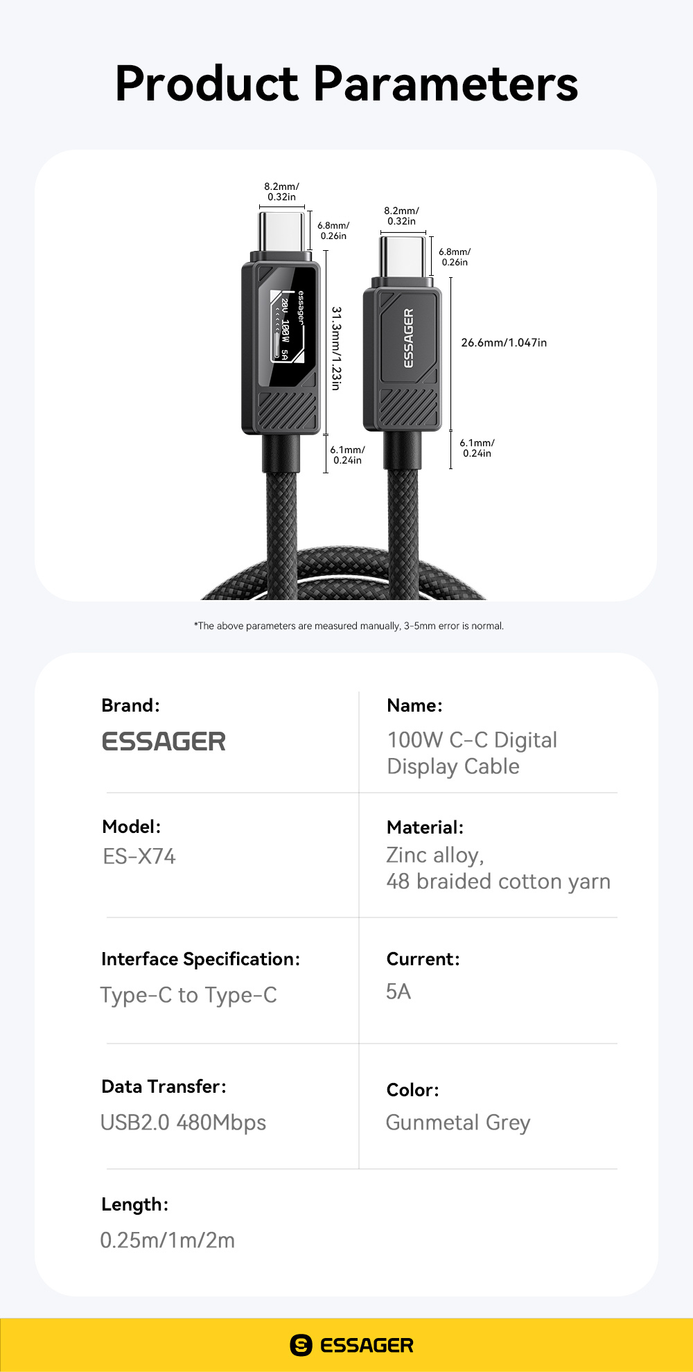 Essager 100W 7A USB A Type CTo Type C PD Dây sạc nhanh tích hợp chip ...