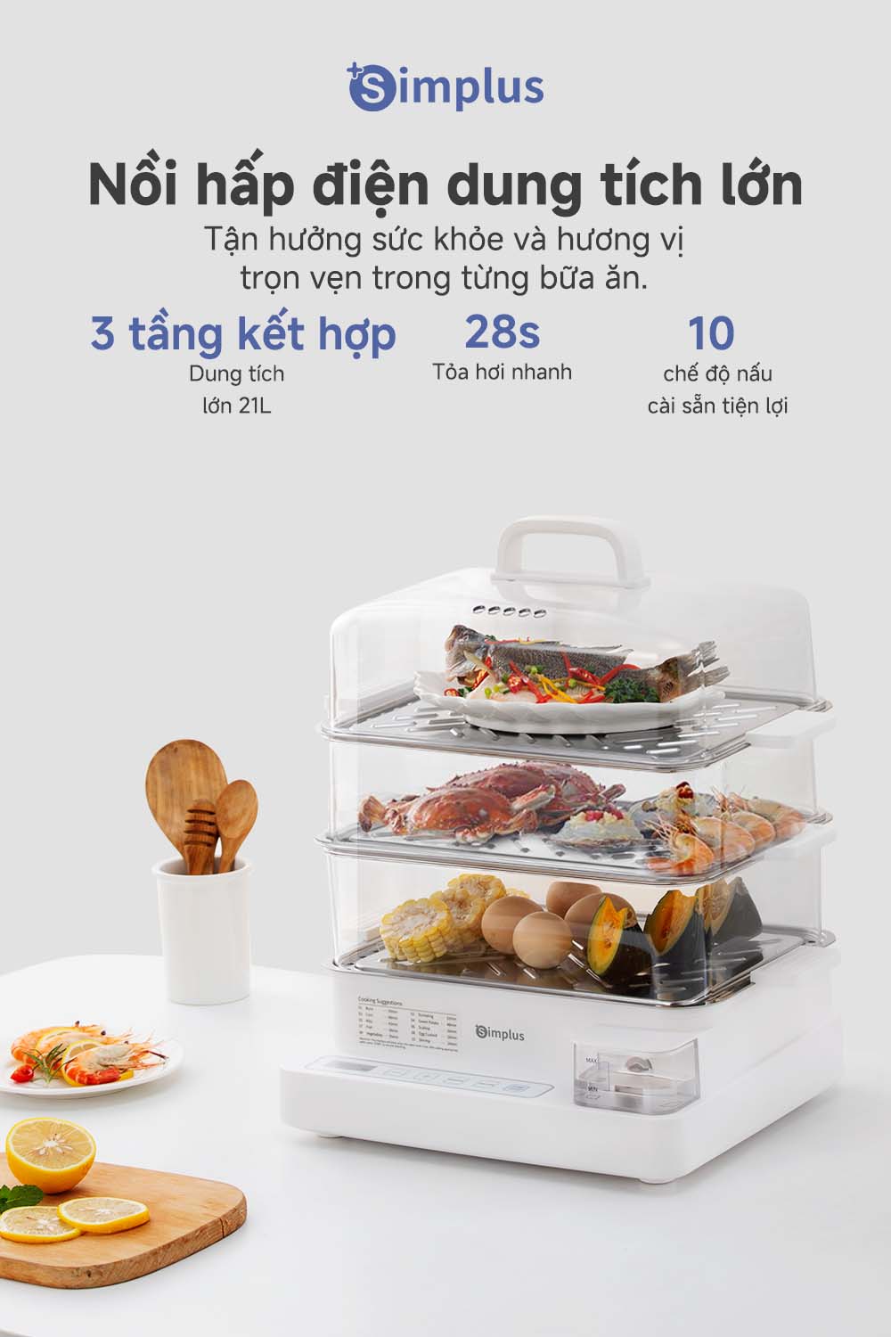 [Võ Hà Linh x Simplus] Nồi hấp điện 3 tầng Dung tích lớn 21L Nhiệt nóng ...