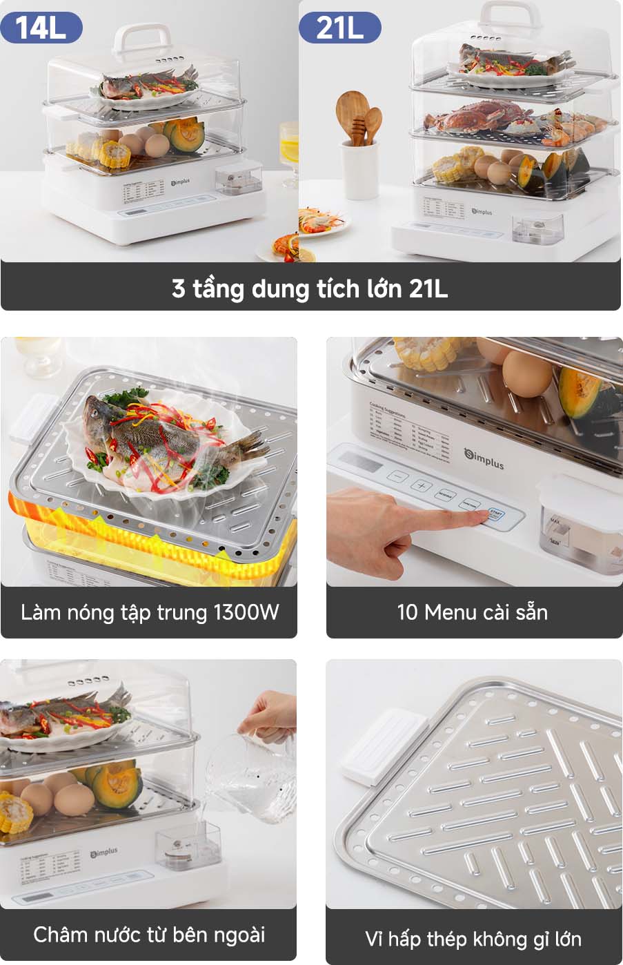 [Võ Hà Linh x Simplus] Nồi hấp điện 3 tầng Dung tích lớn 21L Nhiệt nóng ...