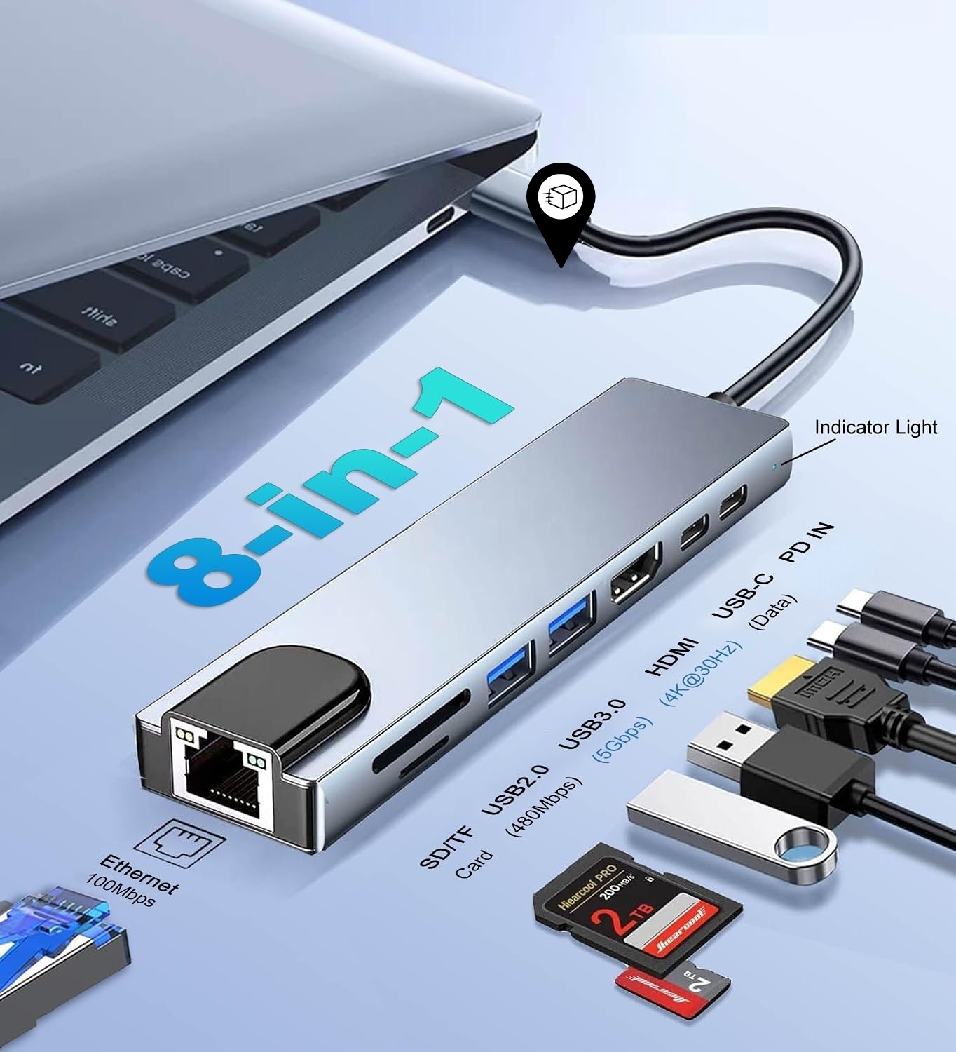 Bộ Hub USB-C cho Laptop 8-in-1: HDMI 4K, mạng RJ45, đầu đọc thẻ SD/TF ...
