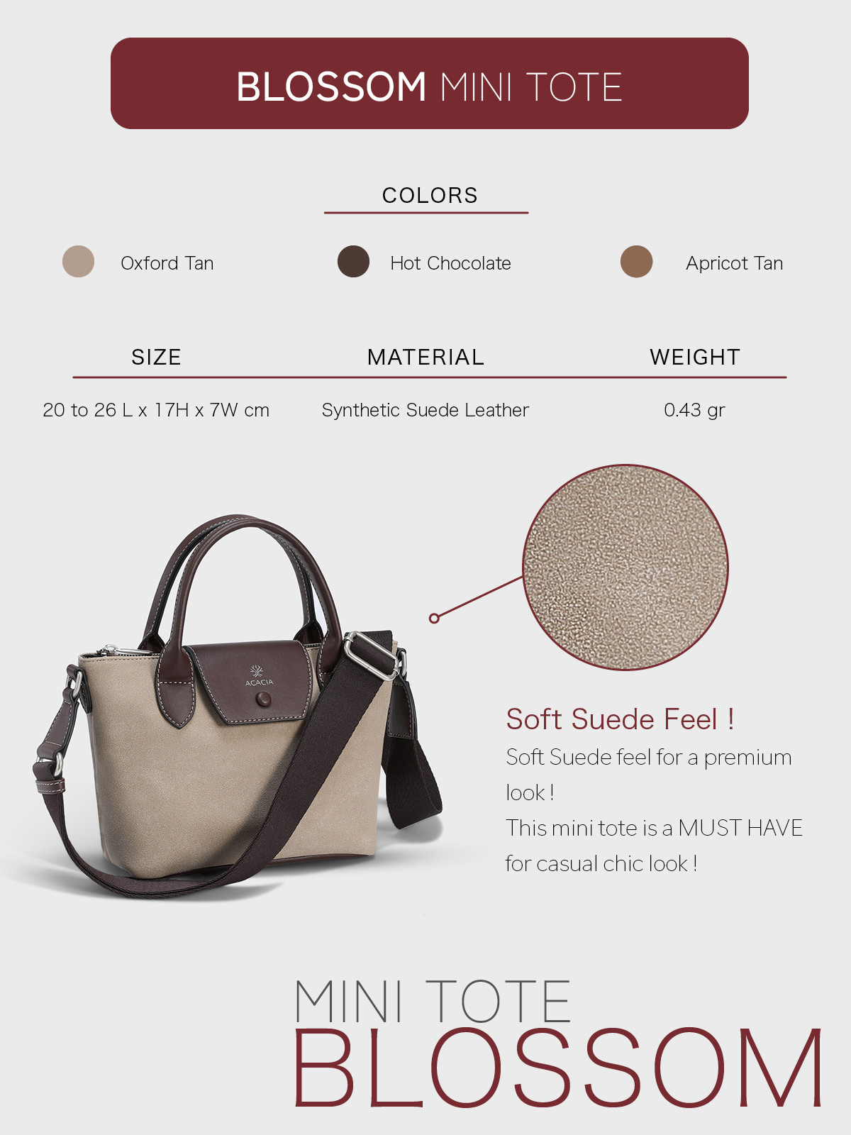 ACACIA Blossom - Túi Tote Mini Vegan Suede, Đeo Chéo, Quai Tháo Rời ...