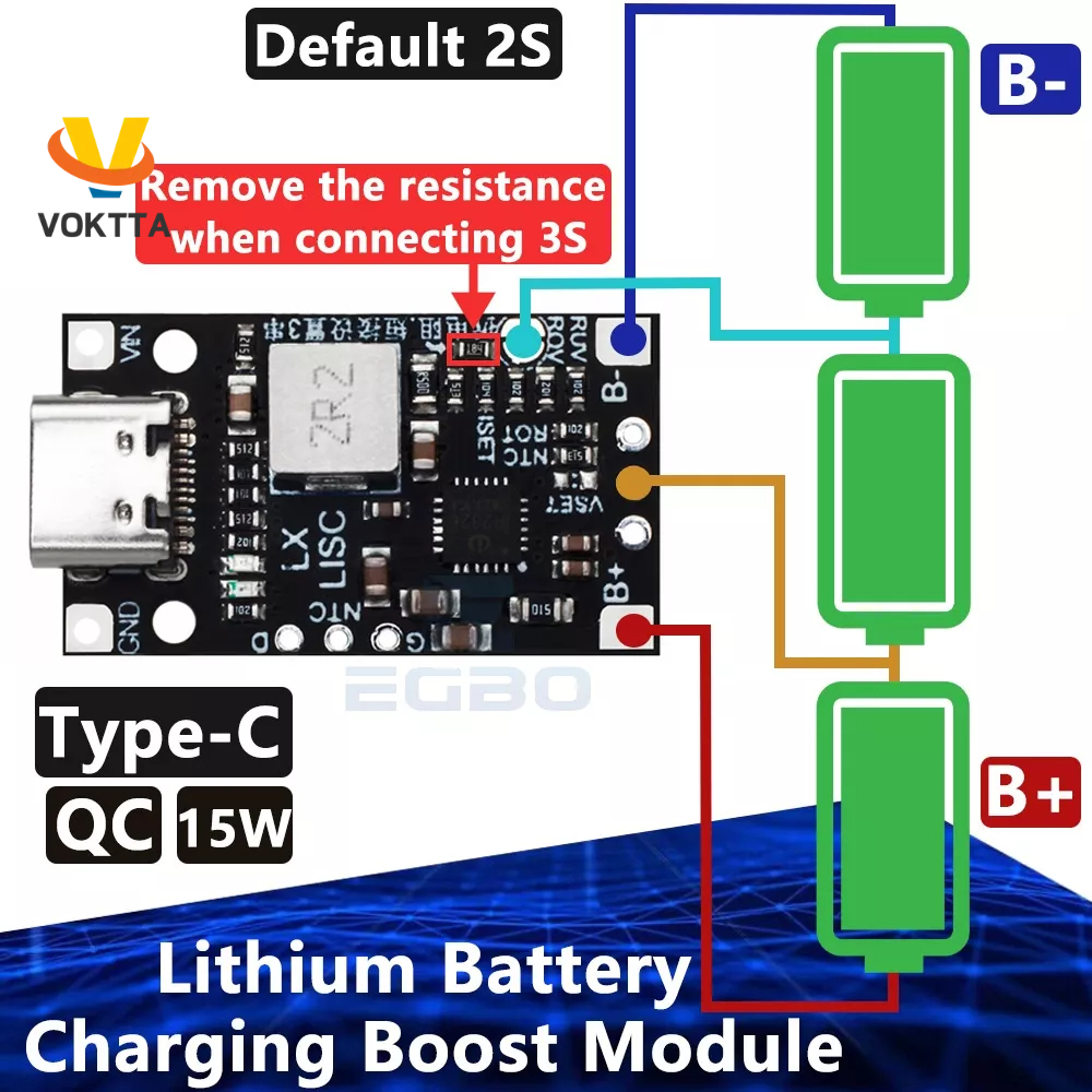 Voktta type-c usb 2-3s bms 15w 8.4v 12.6v 1.5a mô đun tăng cường sạc pin lithium với hỗ trợ cân ...