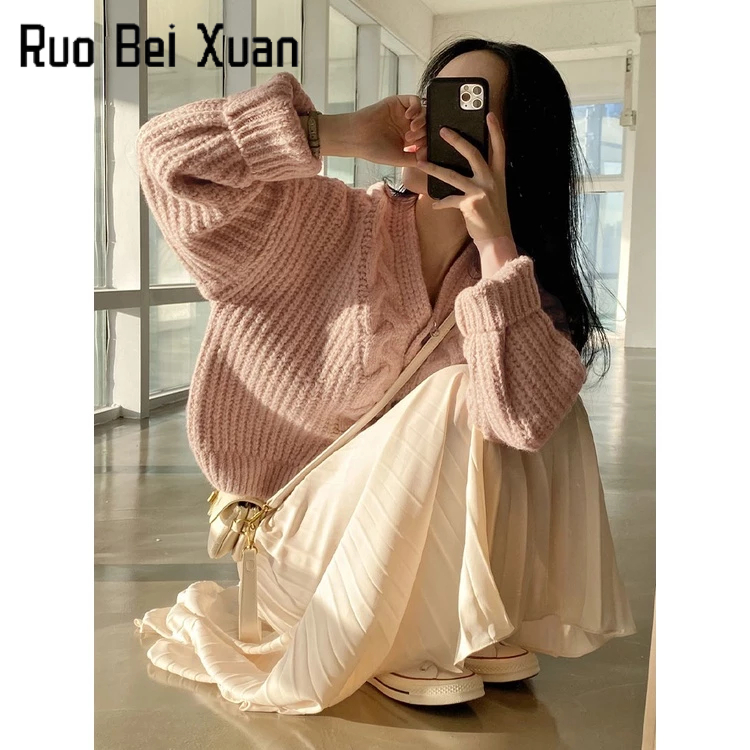 Ruo Bei Xuan Áo Khoác cardigan Dài Tay Cổ Chữ v Dáng Rộng Cài Một Hàng ...