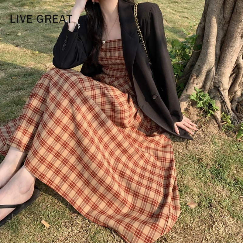 Đầm hai dây LIVE GREAT dáng dài họa tiết sọc caro ngọt ngào thời trang ...