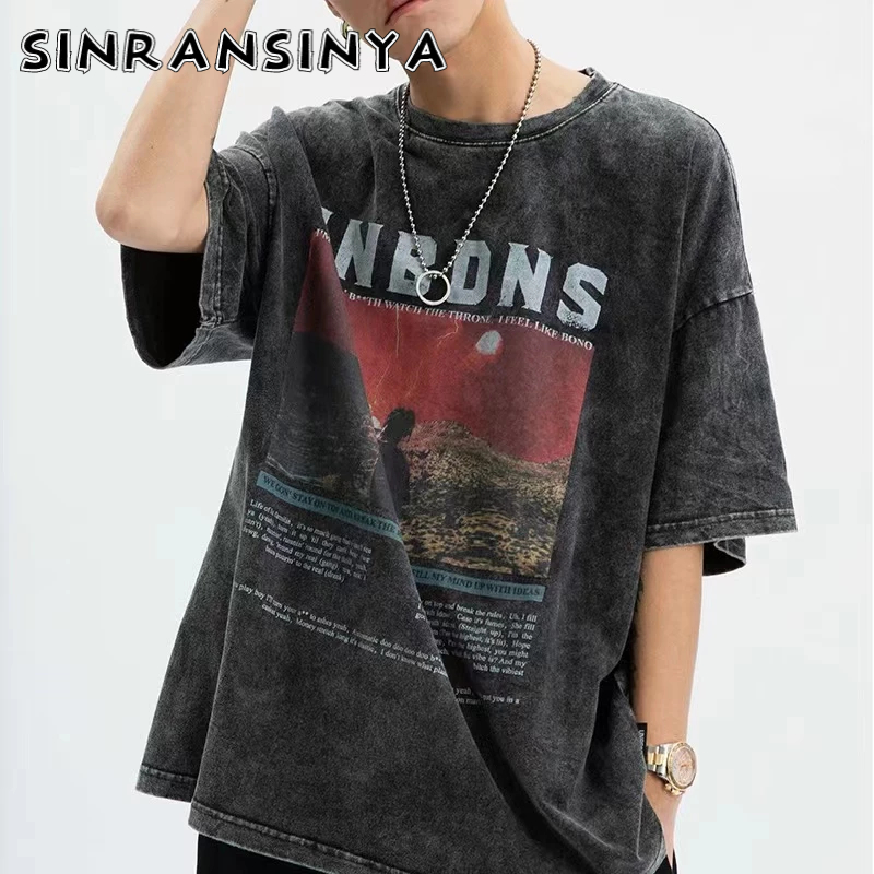Sinransinya Áo Thun Nam Tay Ngắn Phong Cách hip hop Đường Phố Mỹ Nặng ...