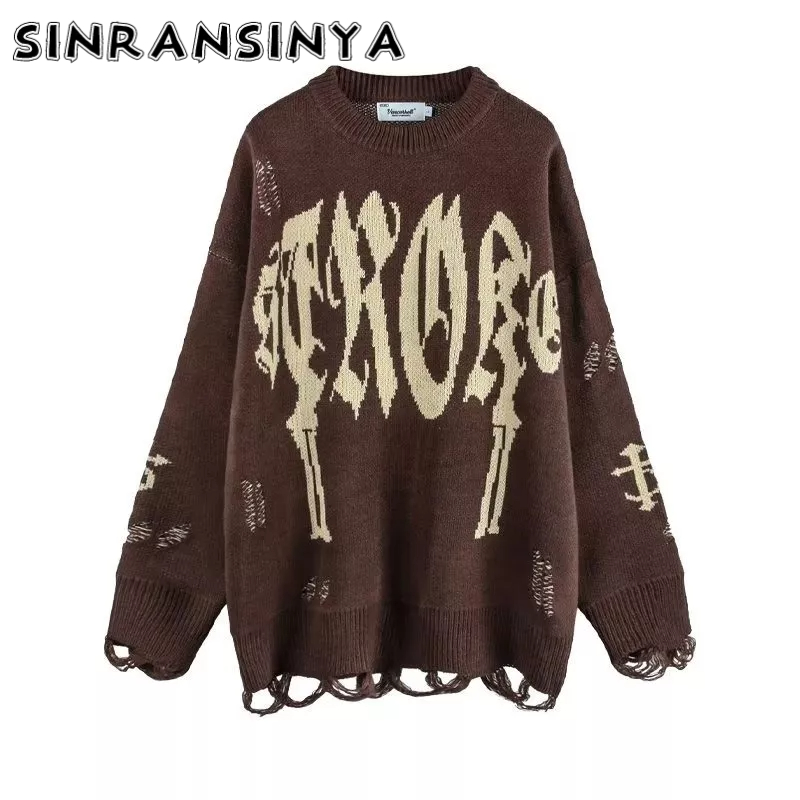 Sinransinya Áo sweater Dệt Kim Tay Dài Dáng Rộng In Chữ jacquard Phong ...