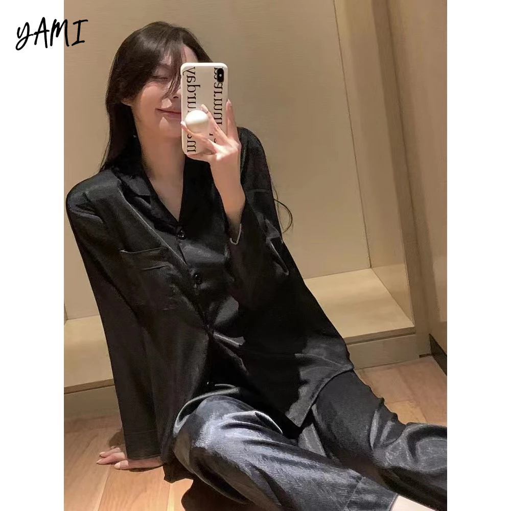 YAMI Bộ Đồ Ngủ Tay Dài Màu Đen Thiết Kế Đơn Giản Thời Trang Thu Đông ...