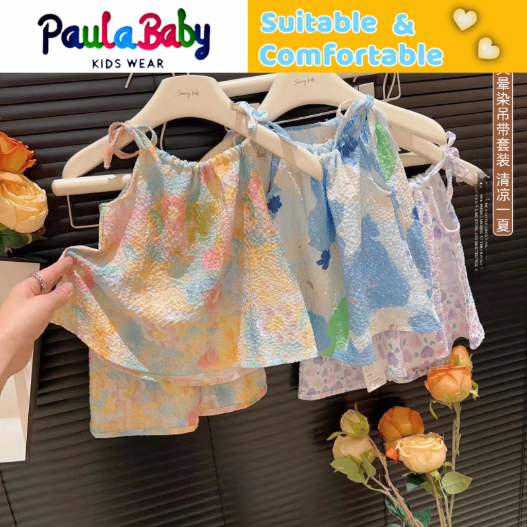 Paulababy Bộ đồ bé gái, áo hai dây phong cách vẽ tranh sơn dầu bị nhòe ...