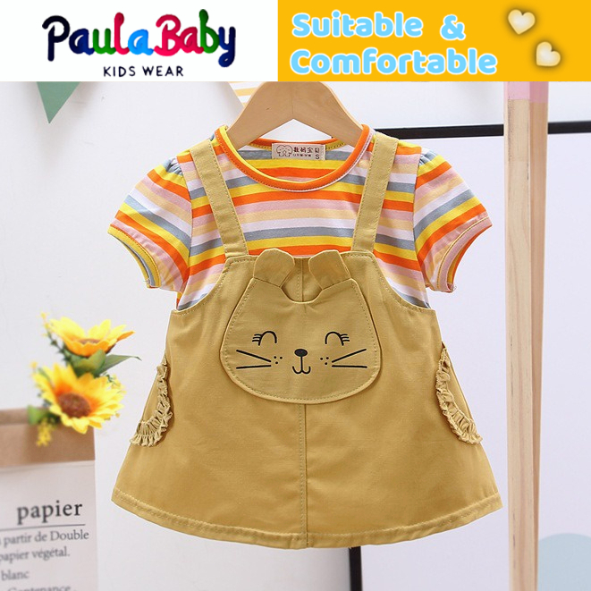 Paulababy Váy ngắn tay bé gái, váy hai dây giả cầu vồng mùa hè cho trẻ ...
