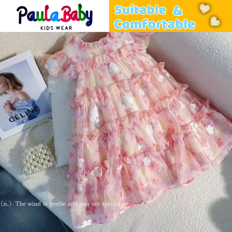 Paulababy Váy bé gái cao cấp Váy hoa Hàn Quốc sợi voan váy mùa hè tay ...