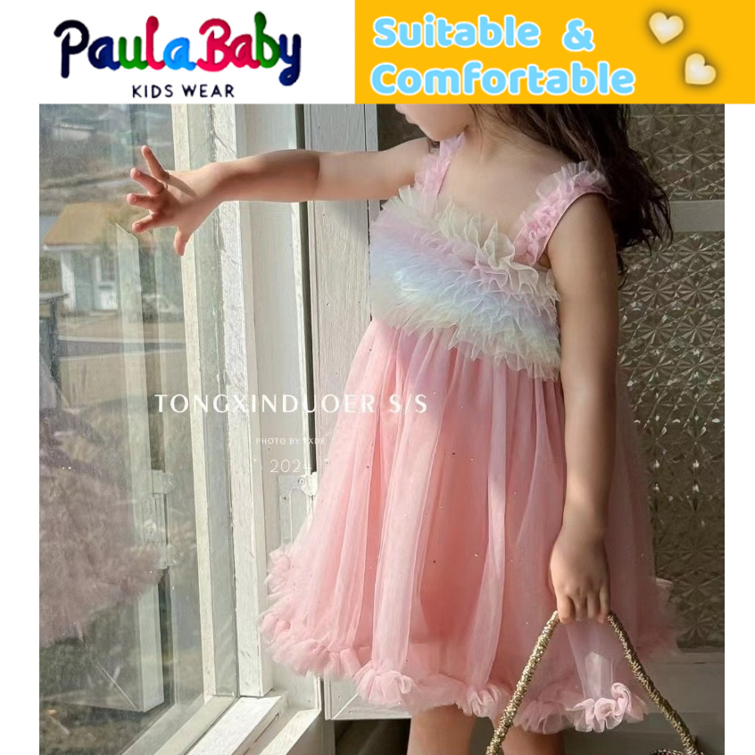 Paulababy cô gái mùa hè Hàn Quốc thời trang cầu vồng tay bánh đầm ...