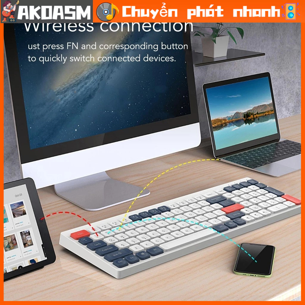AKOASM Combo Bàn Phím Chuột Không Dây 2.4G Tròn Keycaps Ergonomic Type ...