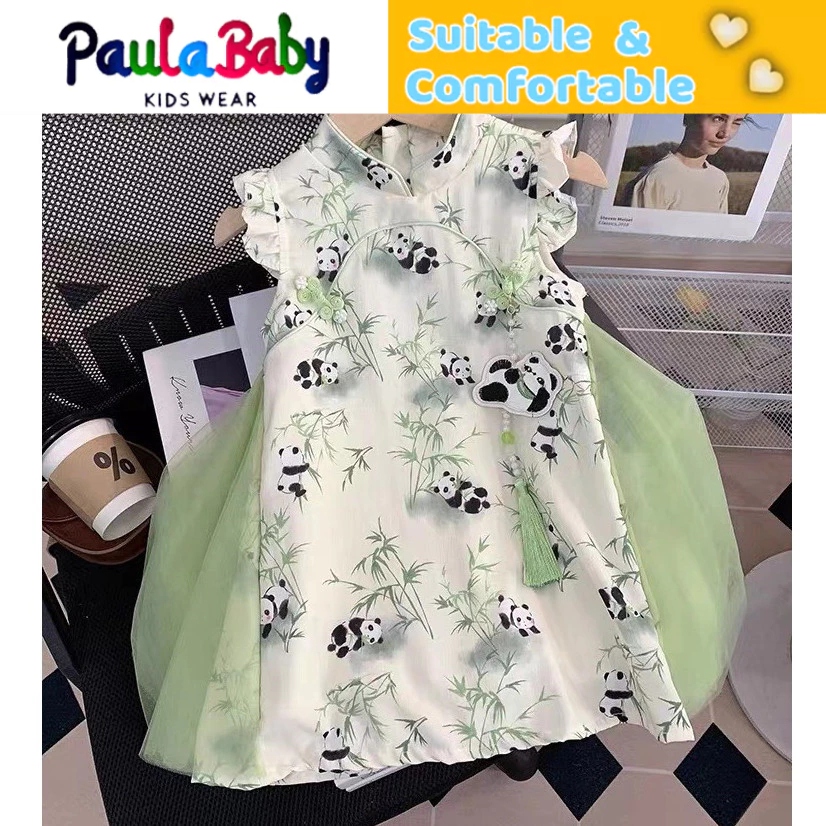 Paulababy Váy gấu trúc cổ điển tay bay cho bé gái 2024 Váy kiểu nút mới ...