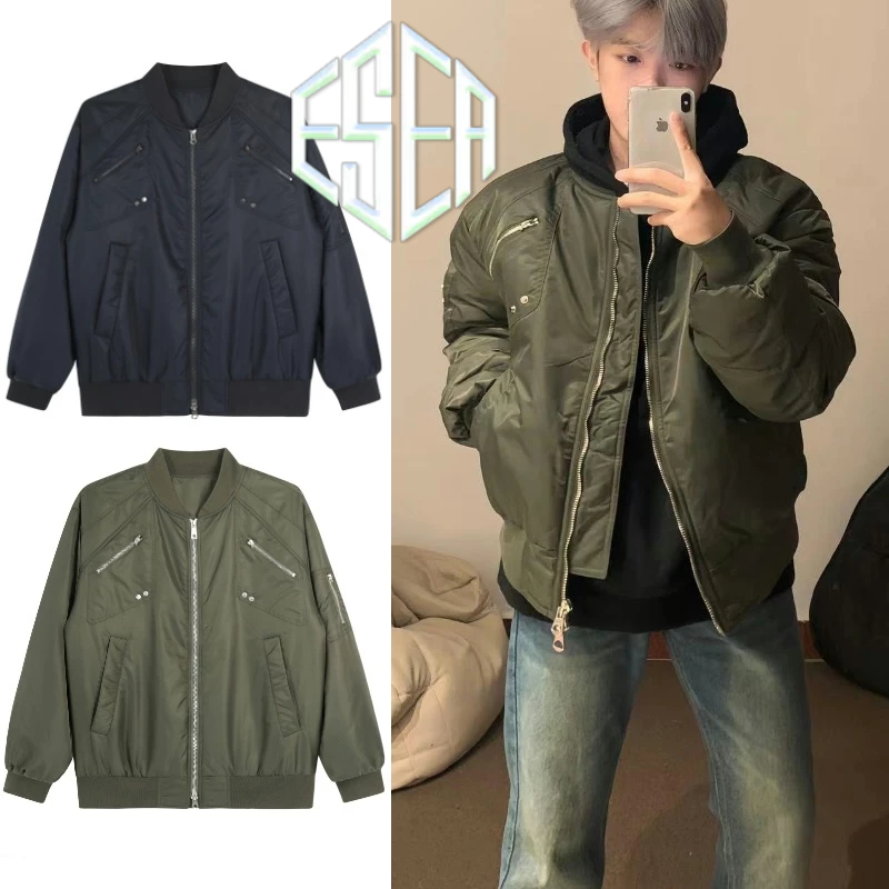 Áo khoác cotton nam ESEA kiểu Mỹ cổ điển dáng rộng giản dị đa kim kéo dày thiết kế nhăn nheo áo ...