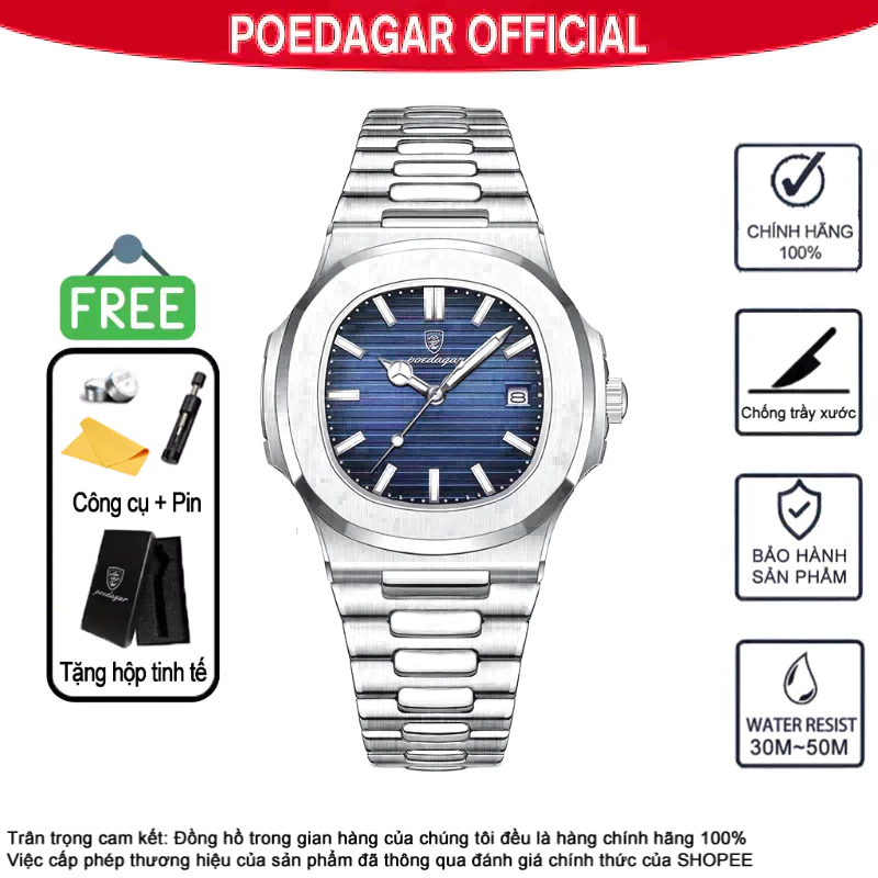 Đồng hồ nam vuông Dây thép không gỉ Hàng chính hãng 100% POEDAGAR 613 ...