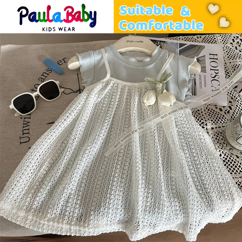 Paulababy Phiên bản Hàn Quốc mùa hè Váy Vest xanh cho trẻ em Trang phục ...