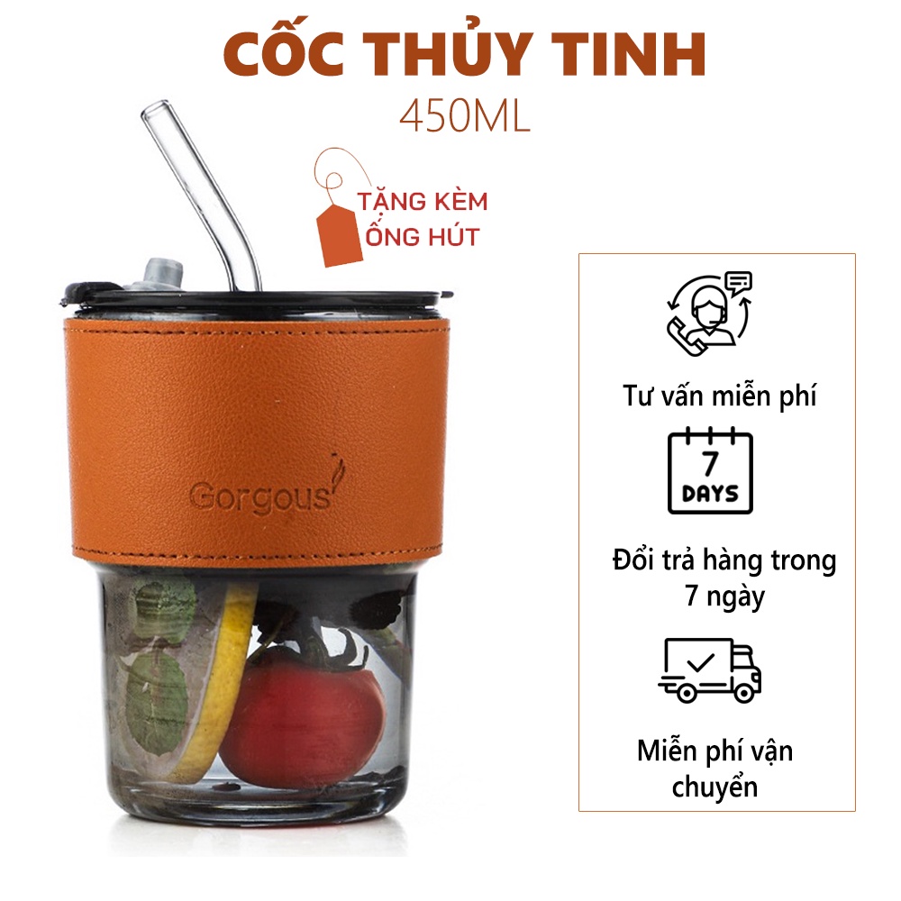 Ly thủy tinh bao da, cốc thuỷ tinh boc da 450 ml kèm ống hút sang trọng ...