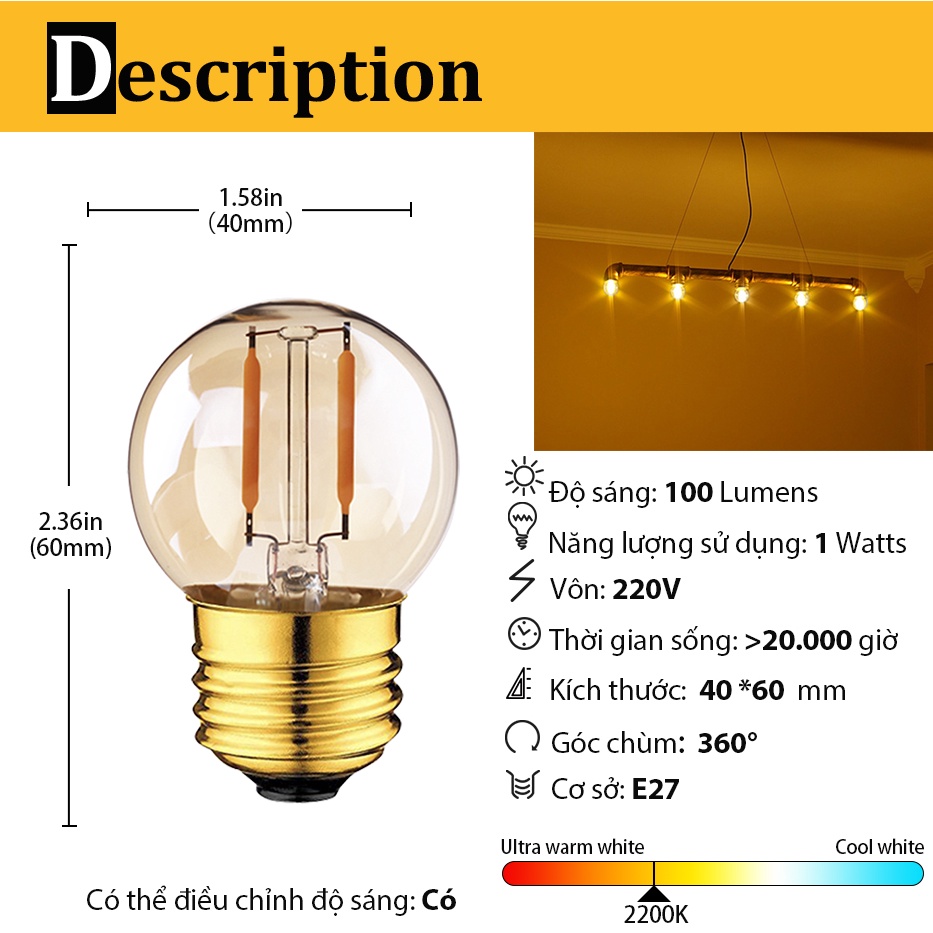 Bóng Đèn Dây Tóc G40 1W 2W 3W 1W 10W Đế Đèn Led E27 Ánh Sáng Vàng | Shopee Việt Nam