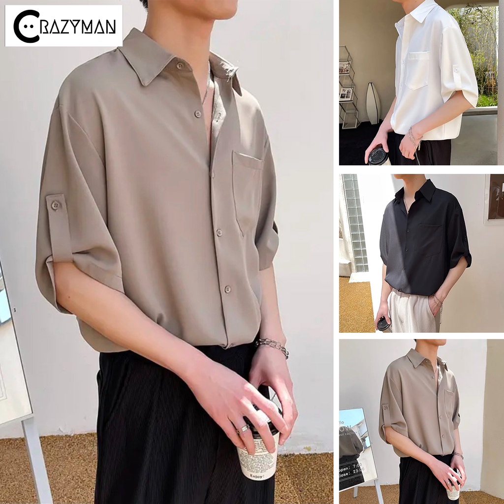 Áo sơ mi nam tay ngắn unisex form rộng phong cách Hàn Quốc , áo sơ mi nam tay lỡ 3 màu trắng đen ...