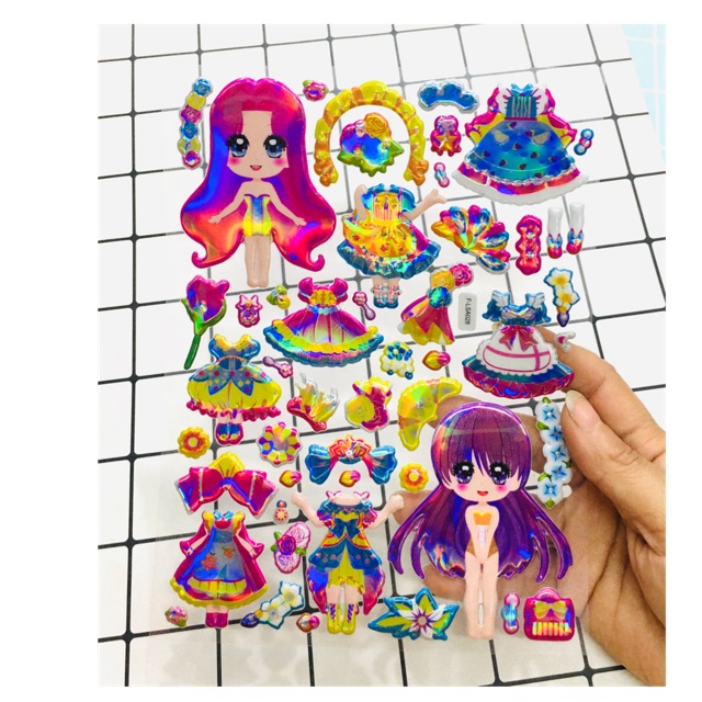 Sét Sticker quần áo váy phụ kiện thay cho búp bê, hình dán 3D nổi ...