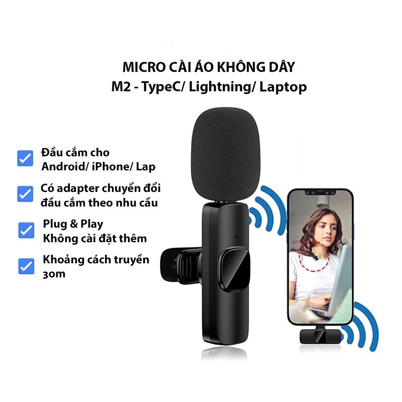 Micro không dây cài áo/ kẹp áo 2.4G khử tiếng ồn, thu âm từ xa 20M ...