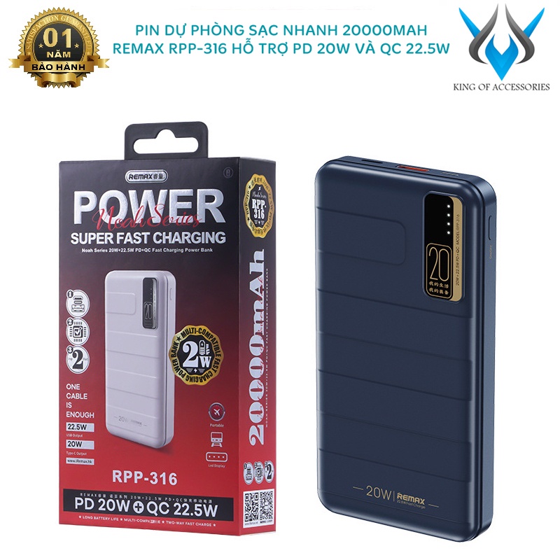 Pin dự phòng sạc nhanh Remax RPP-316 Noah Series 20000mAh an toàn máy bay - hỗ trợ QC 22.5W và ...