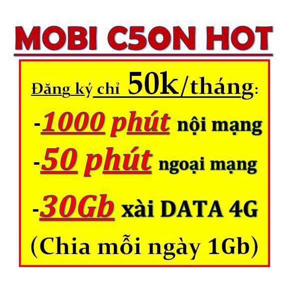 Sim 4G Mobi C50N 50k/tháng = 30Gb + 1000 phút nội mạng + 50 phút ngoại ...