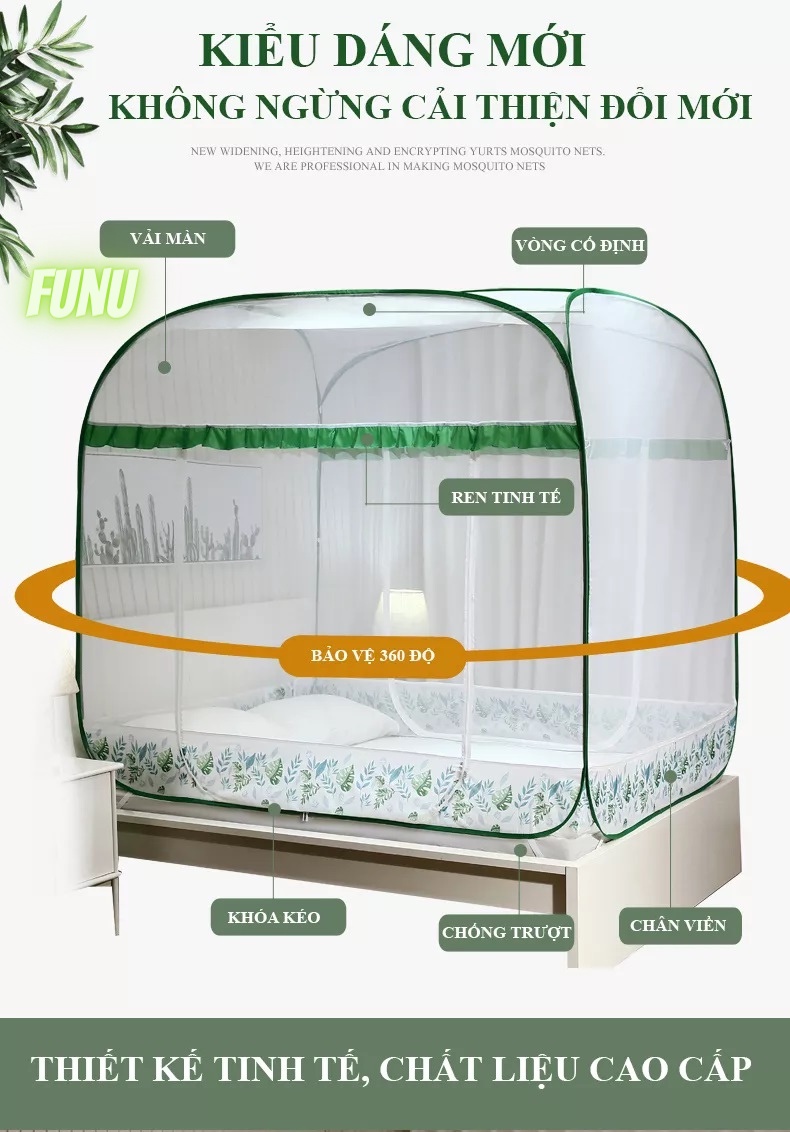 Mùng chụp đỉnh vuông chân viền FuNu một cửa Cao cấp, chống muỗi, bảo vệ sức khỏe gia đình, trẻ ...