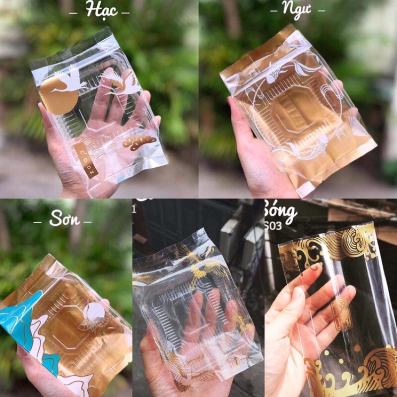 Set 10 Khay và túi, bao dán đựng vừa bánh 150g, 200g, 250g, 300g, rau câu trung thu 9cm thôi nôi ...