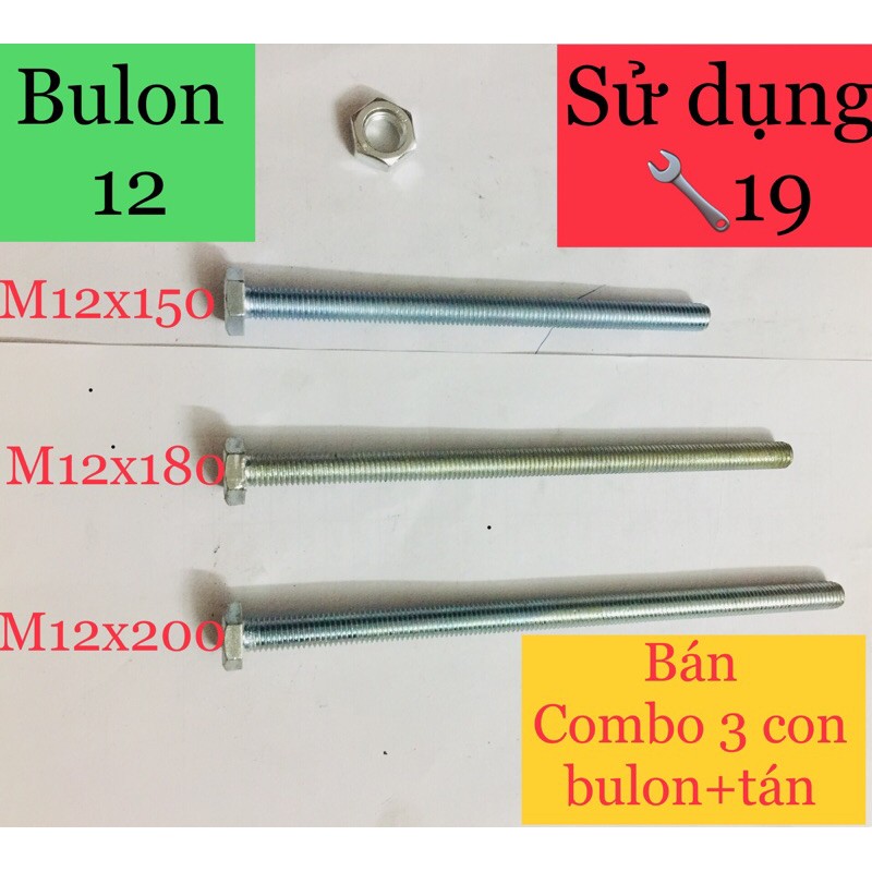 3 bộ bulon + tán M12| size M12x150mm /M12x180mm/ M12x200 mm | Shopee ...