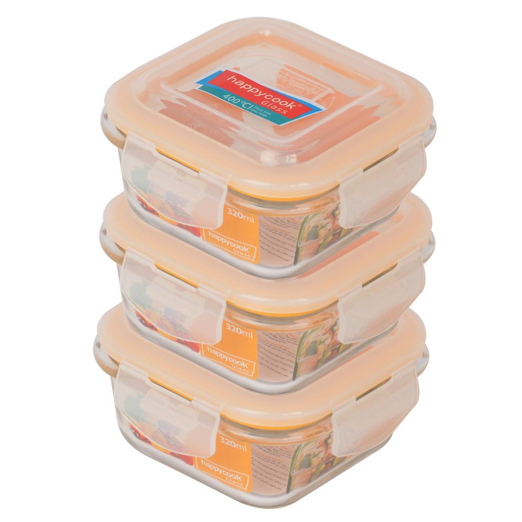 Bộ 3 Hộp Thủy Tinh Chịu Nhiệt Nắp Gài Hình Vuông Glass Happy Cook HCG ...