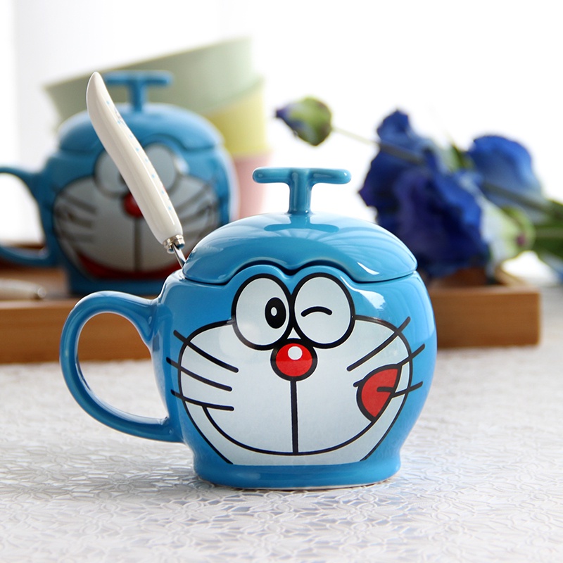 Cốc Sứ Uống Cà Phê Hình Mèo Máy Doraemon Có Nắp Đậy Và Muỗng | Shopee ...