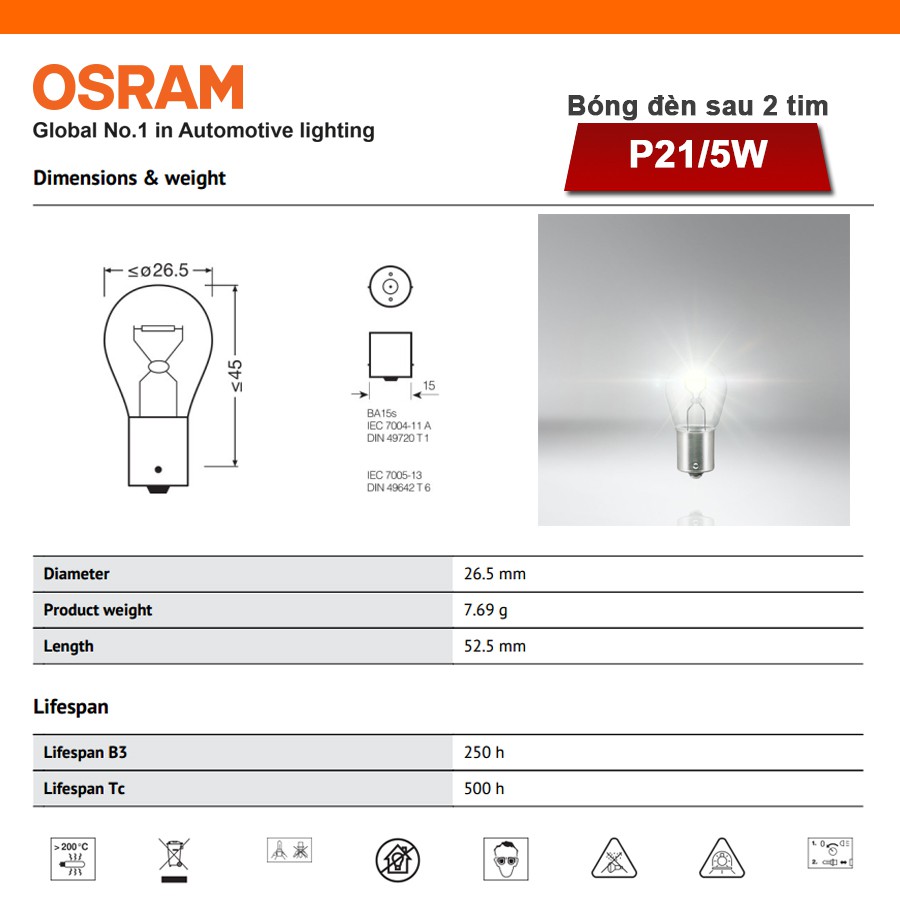 Combo 2 Bóng Đèn Sau 2 Tim OSRAM Original P21/5W 12V 21/5W (Chân Cao Thấp) - Nhập Khẩu Chính ...