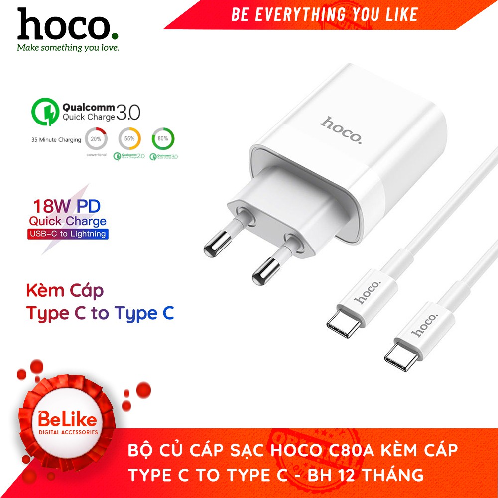 Củ Sạc Nhanh 18W Hoco C80A + Cáp Sạc Type C to Type C - Sạc Nhanh PD và QC 3.0 - Dùng Cho Iphone ...