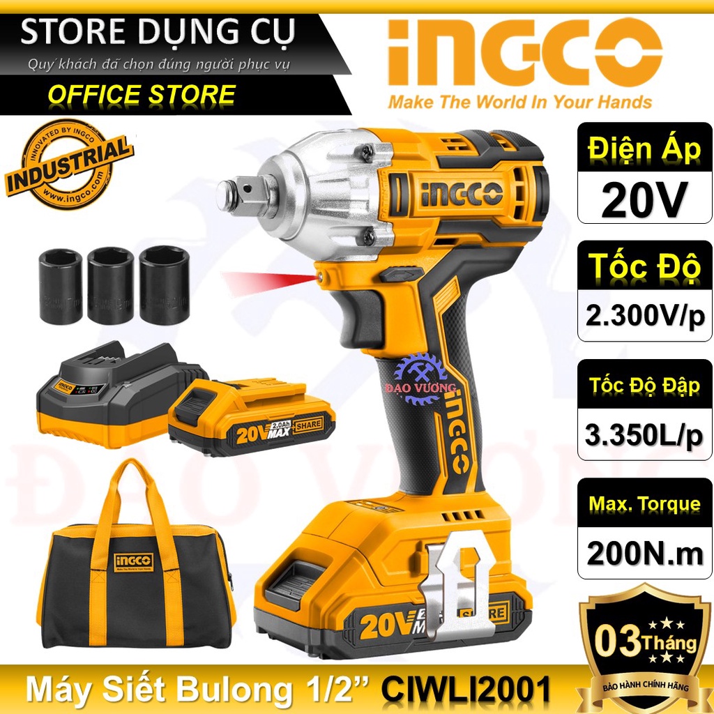 20V Máy siết buloong 1/2" dùng pin Lithium Ingco CIWLI2001 (Không chổi ...