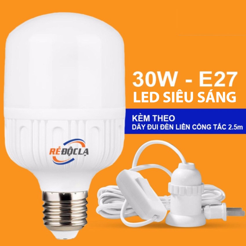 Đèn Led Buld Trụ 30W ánh sáng Trắng kèm dây có đui đèn và công tắc ...