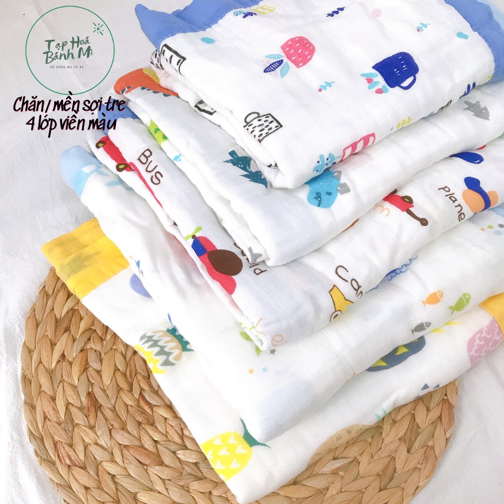 Chăn mền sợi tre 4 lớp viền màu mát mượt đắp cho bé ngủ hoặc đi học ...