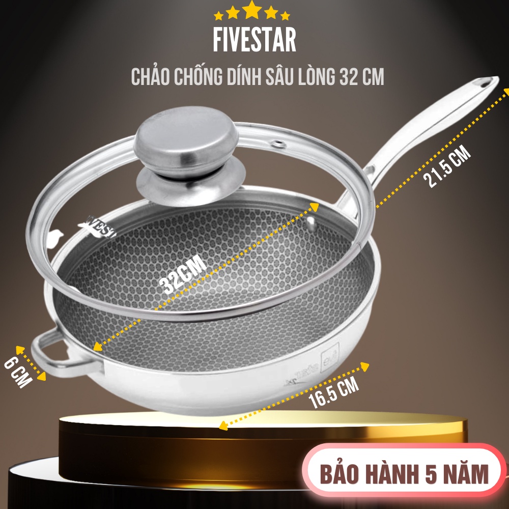 Chảo chống dính sâu lòng 3 lớp Inox 304 Fivestar Blackcube 32cm đáy liền KÈM NẮP KIẾNG 32 CM ...